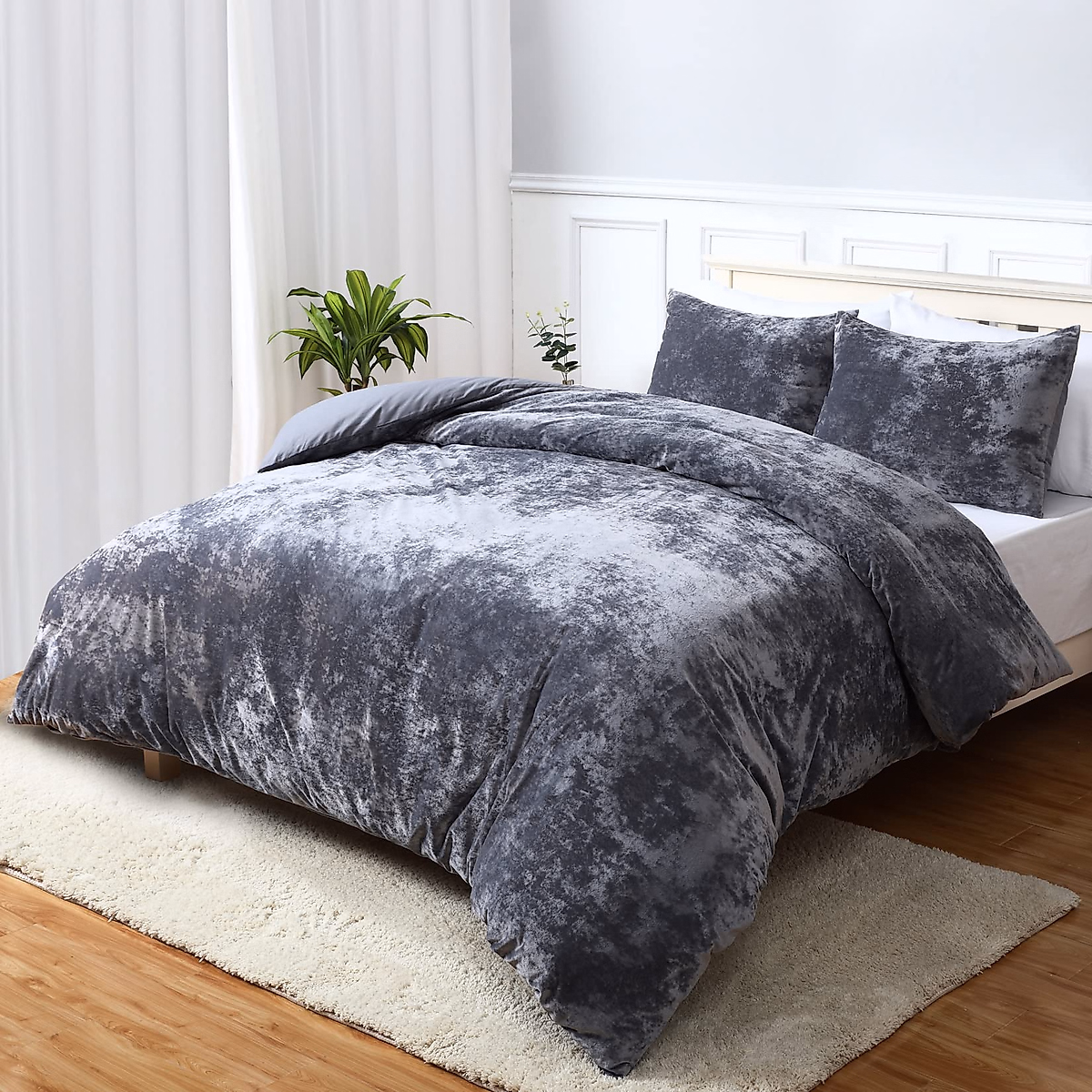 CAROMIO Velvet Duvet Cover Bedding Set Queen Size, Luxury Ultra Soft Velvet Comforter Cover 3 Pieces (1 Duvet Cover + 2 Pillow Shams, Grey)