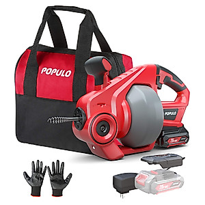 POPULO 20V Electric Drain Snake,25Ft Plumbing Snake Drain Clog Remover Tools with 2.0AH Battery and Charger,Snake Drain Hair Removal Tool for Toilet,Sewer, Bathroom,Sink and Shower 3/4"-2" Pipe