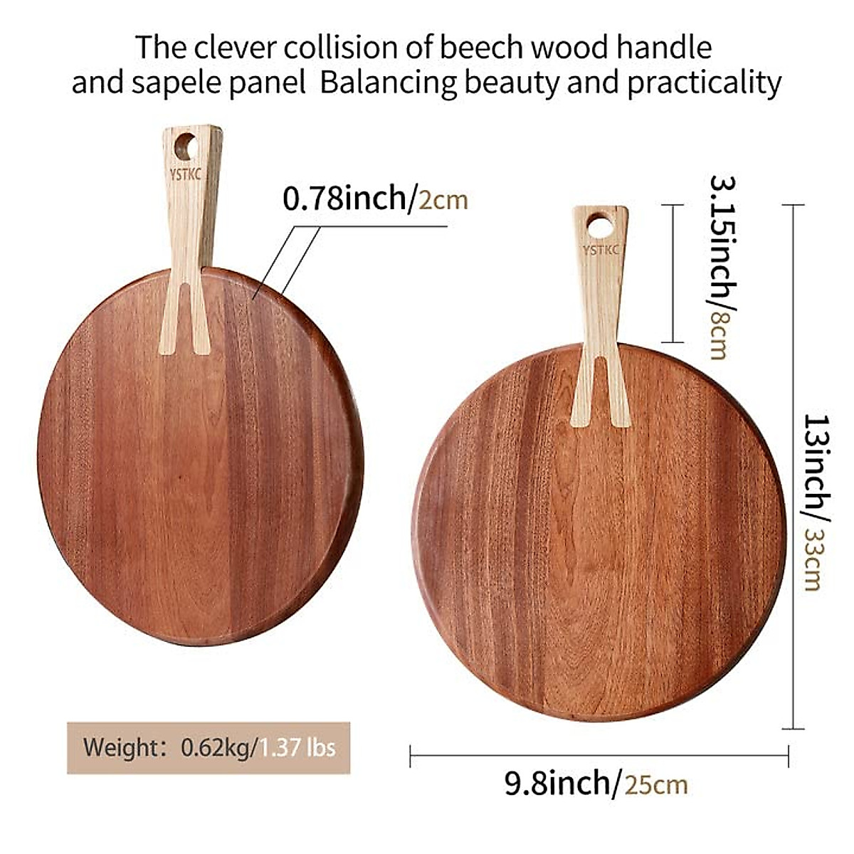 YSTKC Sapele Wood Cutting Board for Kitchen,Solid Wooden Charcuterie Board with Handle,13" Chopping Board,Serving Borad for Cutting Steak,Cheese,Fruits and Vegetable