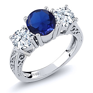 Gem Stone King 925 Sterling Silver Blue Created Sapphire 3 Stone Engagement Ring For Women (3.17 Cttw, Available In Size 5, 6, 7, 8, 9)
