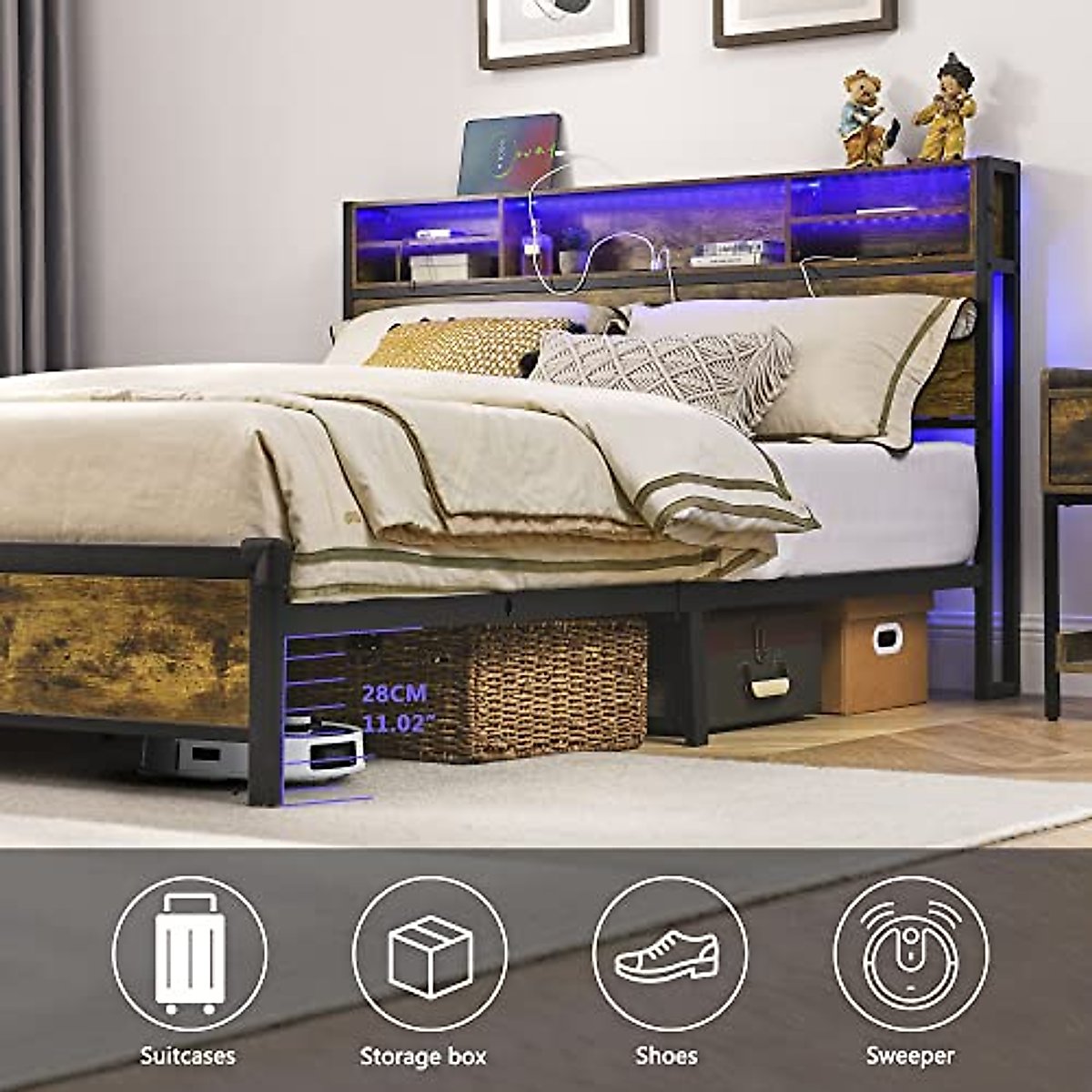 Alohappy Full Size Bed Frame with Led Bookcase Headboard and Charging Station，Metal Platform Bed Frame with RGB Light Strips, Sturdy and No Noise Easy Installation No Box Spring Needed