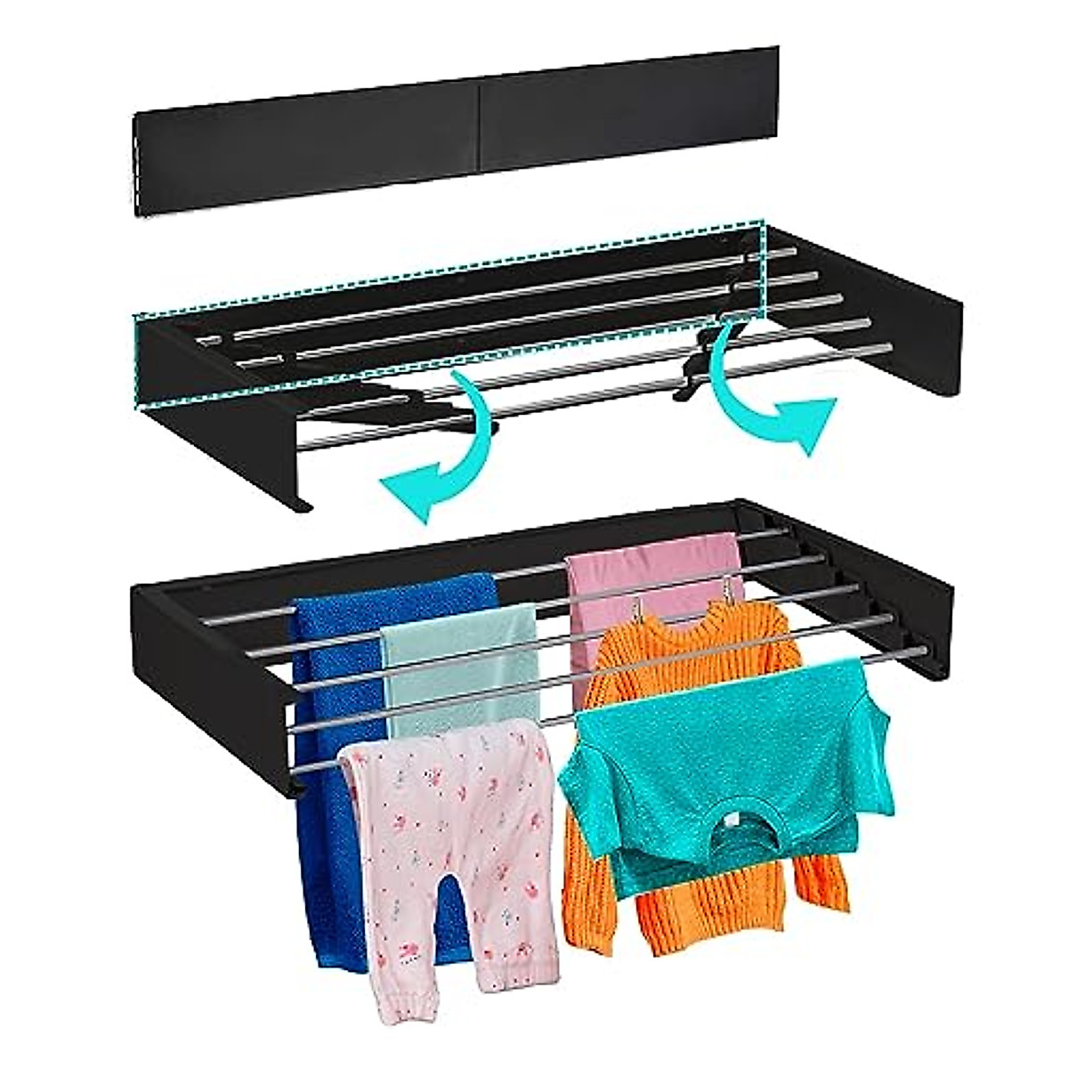 EWODE Clothes Drying Rack Wall Mounted, Collapsible Retractable Laundry Drying Rack, 60 lbs Capacity, 13,1 Linear Ft, 31,5" Width (Black)