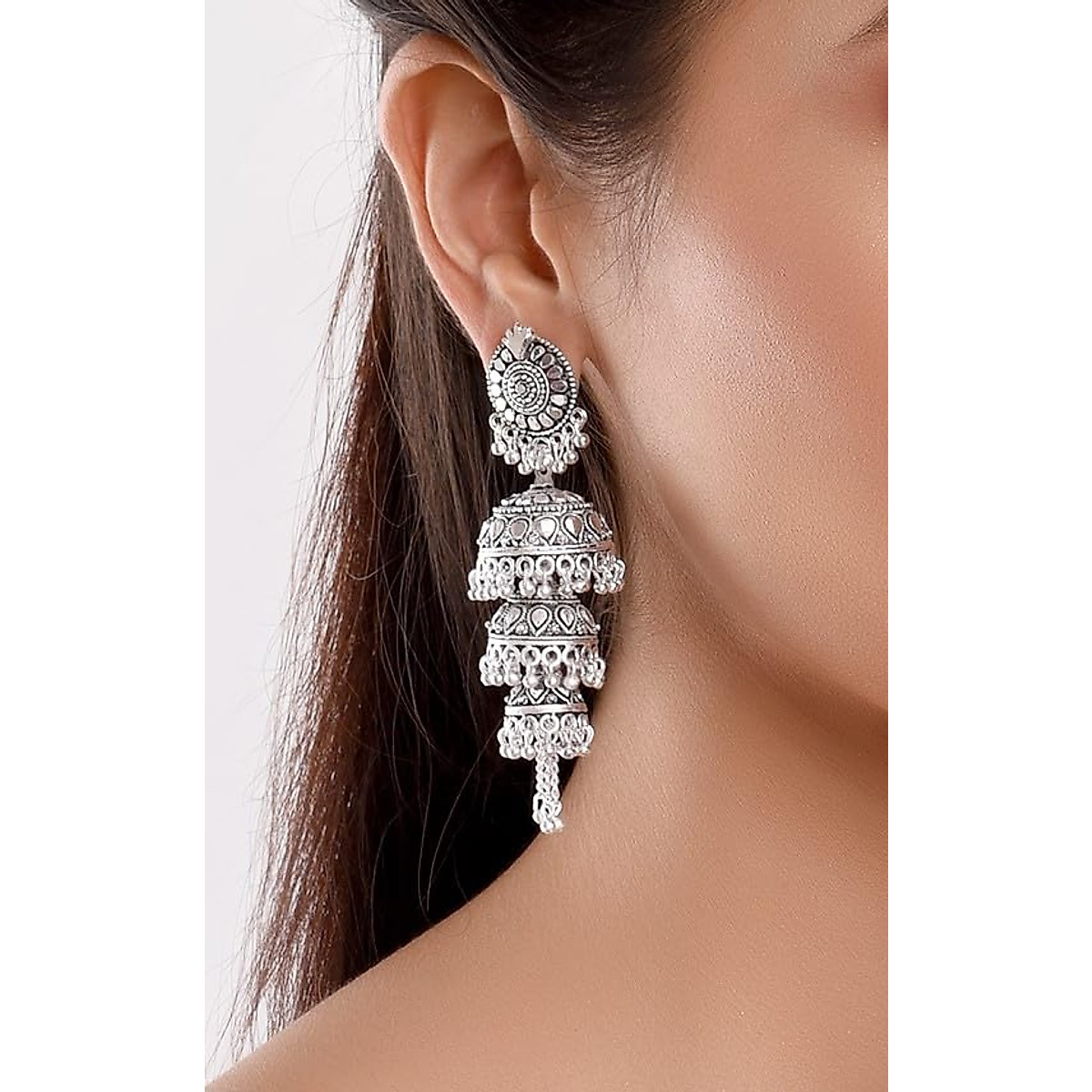 Efulgenz Indian Oxidized Jewelry Boho Vintage Layer Jhumka Jhumki Tassel Dangle Statement Earrings for Women