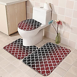 Bathroom Rugs, Memory Foam Bath Mat Bathroom Set, Gradient Red Black Moroccan Pattern Bath Rugs Bathroom Accessories, Home Decor Non-Slip Absorbent Soft Bath Mats for Bathroom, Tub, 3 Pieces