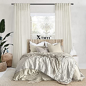 XTMYI 108 Inch Linen Curtains 2 Panels,with Heading Tape Hooks for Track System Back Tab,Stone Washed Cotton Flax Weave Sheer Extra Long Curtain for Living Room Bedroom,Cream(Ivory/Off White)