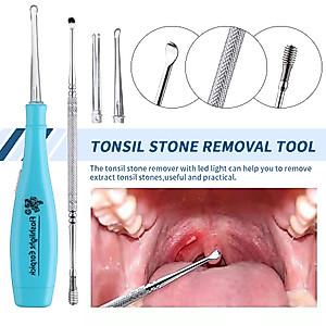9 Pieces Upgraded Tonsil Stone Removal Set Include Stainless Steel Tonsil Stone Remover Tool Led Light Tongue Cleaner Scraper Tweezer，Cured Syringe for Oral Care (Blue)
