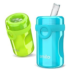 Smilo Sippy Cup 2 Pack for Toddlers (1+ years) with Spill Proof & Fold-Away Silicone Spout - 8.5 oz Capacity - BPA-Free Toddler Cups Made in the USA - Aqua & Green