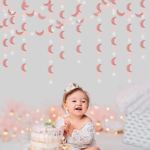 Pink Rose-Gold Moon-Star Party-Decorations Garland - 52Ft Twinkle Little Star Hanging Decoration Streamers Banner, Eid Ramadan Mubarak Decoration Birthday Wedding Baby Shower Party Decor Panduola