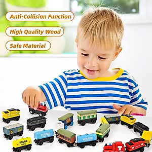Atoylink 12Pcs Wooden Train Set Magnetic Train Toys for Toddlers Kids Engine Vehicles Toy Train Cars for Boys Girls Compatible with Train Tracks