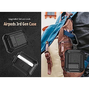 Olytop for Airpods 3rd Generation Case with Lock & Cleaner Tool, Armor Rugged Shell AirPod Gen 3 Protective Cover for Apple iPod 3rd Generation 2021 Skin with Keychain, Black