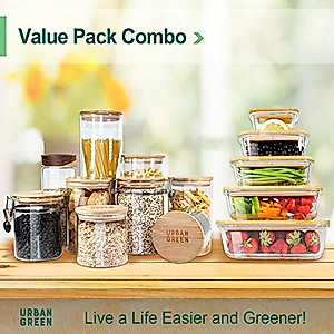 Urban Green Glass Storage Container Bamboo Lids, Glass Airtight Canisters sets, Glass Jar with Lids, Food Jars, Pantry Organization and Storage Containers, Spice Jars, Flour Canisters of 6