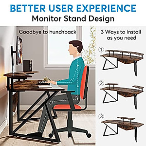 Tribesigns Computer Desk, 70.9" Large Home Office Desk with Monitor Stand, Modern Wing-Shaped Gaming Studio Desk Study Table Workstation for Live, Streamer,Rustic Brown