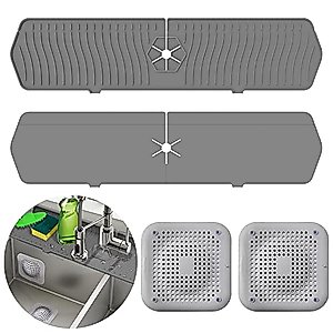 24 Inch Silicone Faucet Handle Drip Catcher Tray, Kitchen Sink Splash Guard Mat with 2 Pack Drain Hair Catcher Drain Cover with Suction Cup for Shower Bathtub Kitchen Bathroom