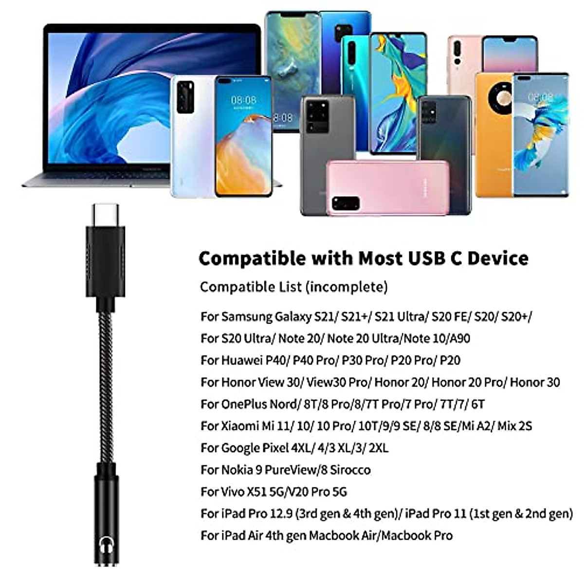 USB C to 3.5mm Headphone Adapter, ACAGET USB Type C Dongle Audio Jack Converter DAC Chip Braided Cable Aux Earbuds Adapter for Samsung S21 Ultra S22 S23 S20 FE Galaxy A53 OnePlus 9 Pro Pixel 6 7 Black