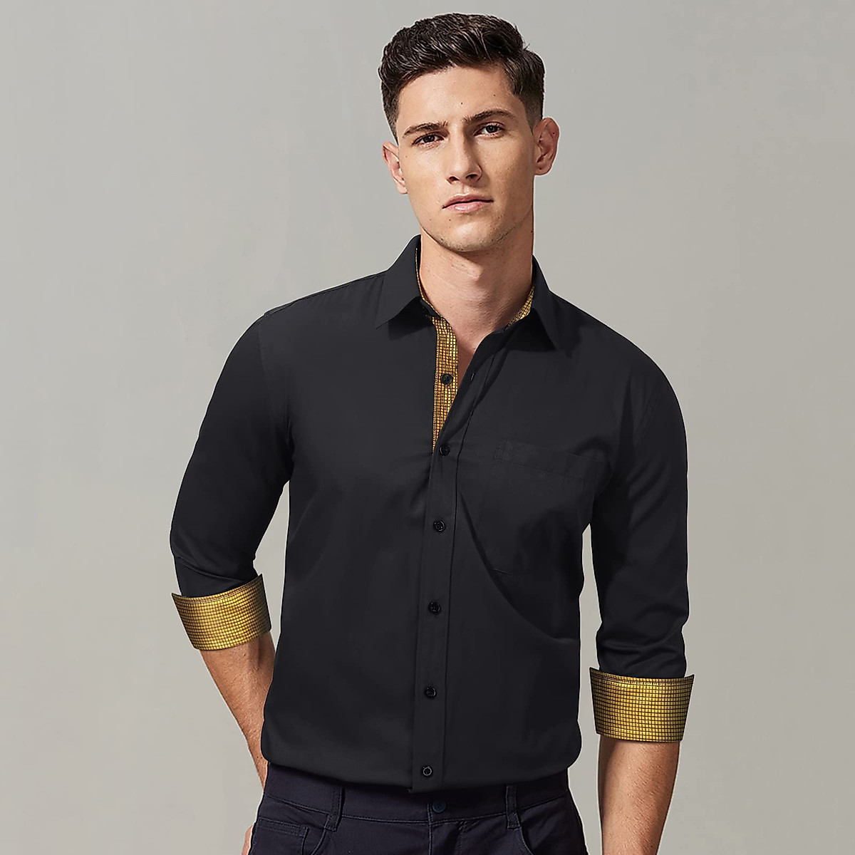 HISDERN Mens Black Dress Shirts Long Sleeve Casual Formal Button Down Shirt for Men Black Gold Plaid Inner Contrast Button Up Club Shirt