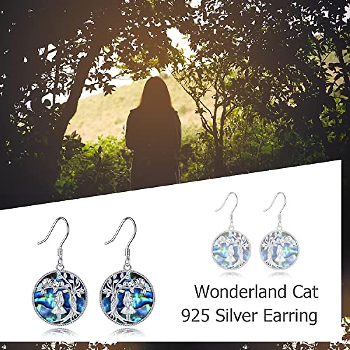 Alice In Pendant Earring Sterling Silver Abalone Shell Tree of Life Wonderland Cat Earring Christmas Gifts for Women Jewelry