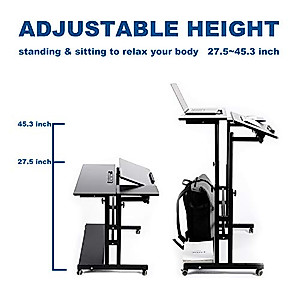 Zytty Portable Standing Desk, Small Standing Desk with Wheels Standing Laptop Desk Mobile Standing Desk for Home Office Adjustable Standing Desk, Stand Up Computer Desk Rolling Laptop Cart, Black
