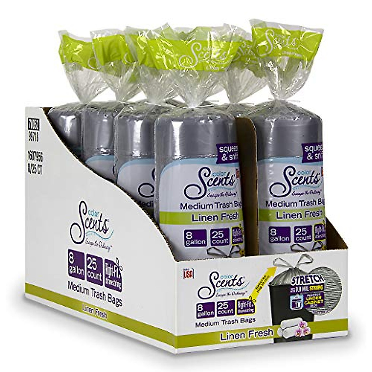 Color Scents - Medium Trash Bag, Drawstring - 8 Gallon Trash Bags, 200 Count - Kitchen Trash Bags, Scented Garbage Bag, Silver Bags in Linen Fresh Scent. (8 Packs of 25 Count)