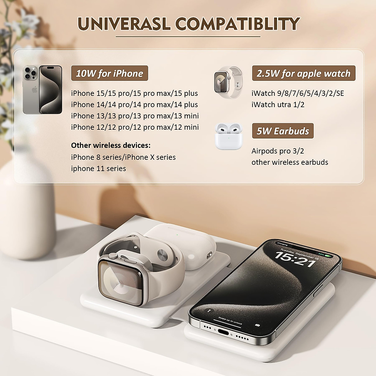 Magnetic Wireless Charger for iPhone: 3 in 1 Travel Charging Station for Apple Devices for iPhone 15 14 13 12 Pro Max Plus - Foldable Charging Pad for Apple Watch Series & Airpods 3 2 Pro