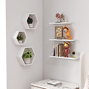 Wooden Hexagon Floating Shelves Wall Mounted - Set of 6 Pine Wood Hexagon Shelves Display for Photos,Plants,Rustic Honeycomb Shelves for Living Room, Bedroom,Bathroom, Kitchen, Office, White.