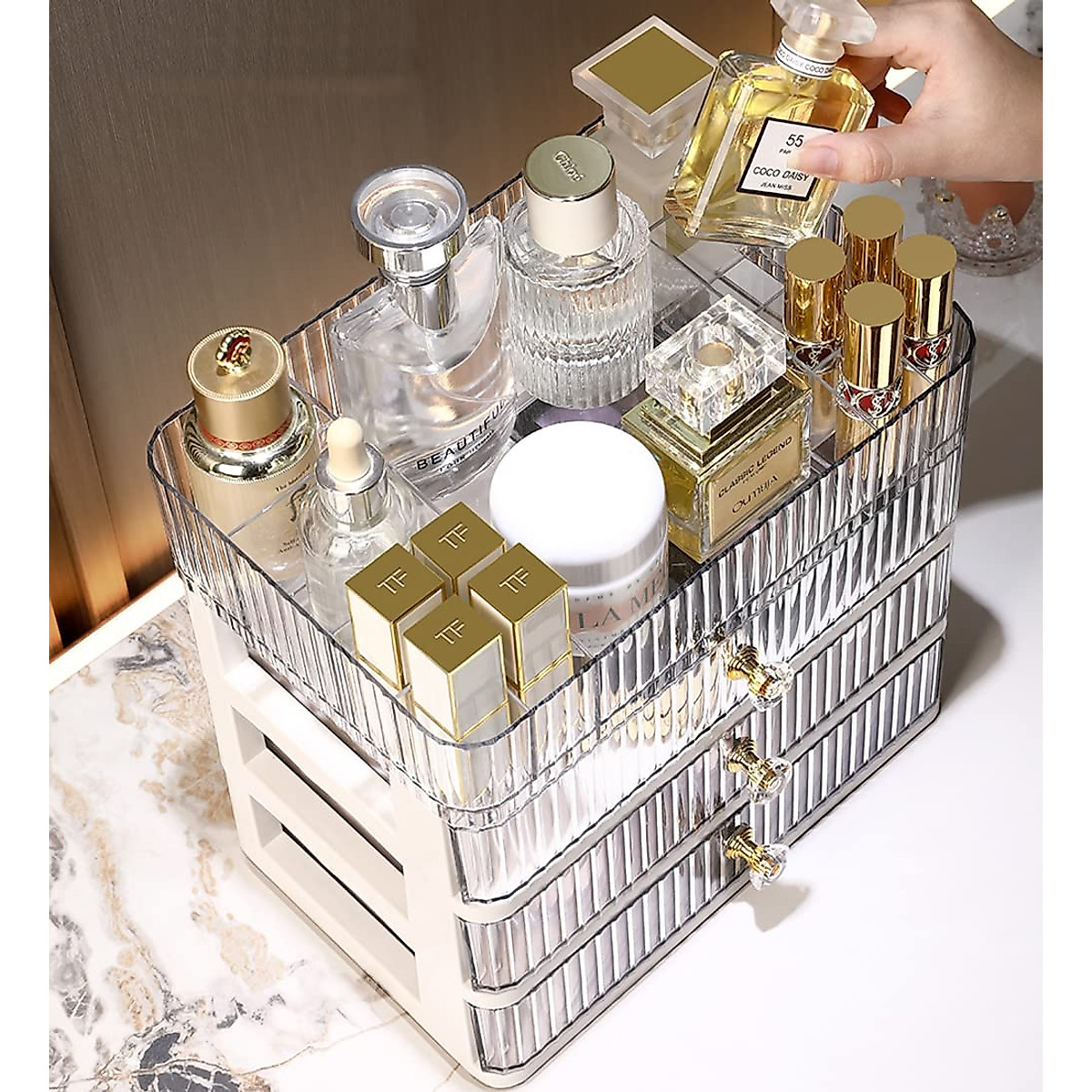 MIUOPUR Makeup Organizer with 3 Large Drawers, Countertop Organizer for Cosmetics, Ideal for Bathroom and Bedroom Vanity Countertops, Desk Storage Holder for Lipstick, Brushes and Nail Polish