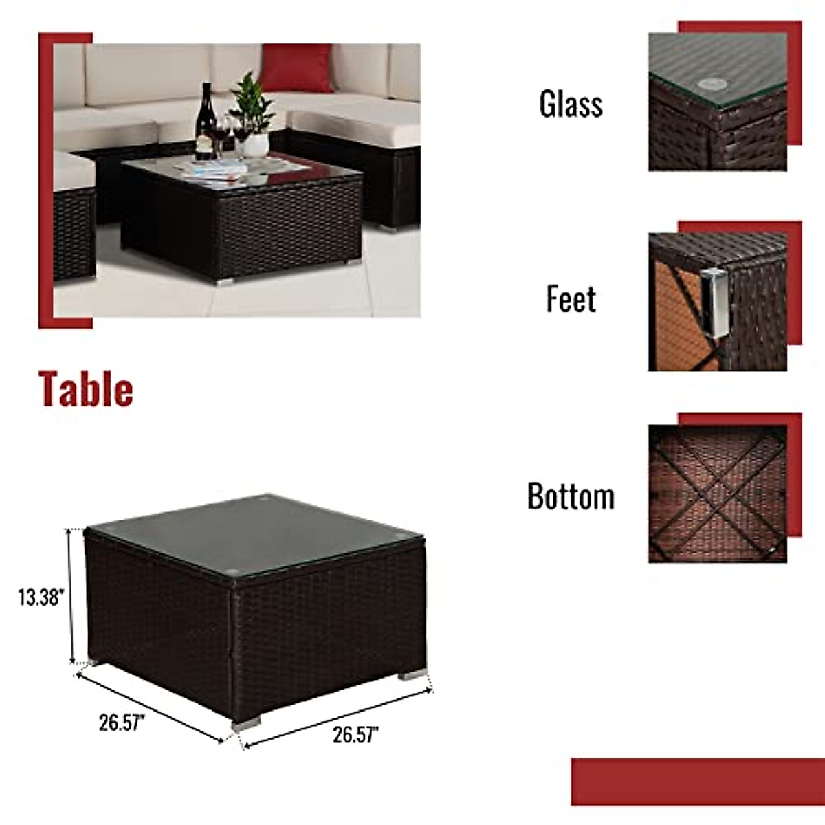 7 Pieces Outdoor Sectional Sofa Set, Brown PE Rattan Wicker Sectional Beige Cushioned Sofa Sets with 2 Red Pillows Patio Conversation Set with Glass Table for Lawn, Backyard, and Poolside