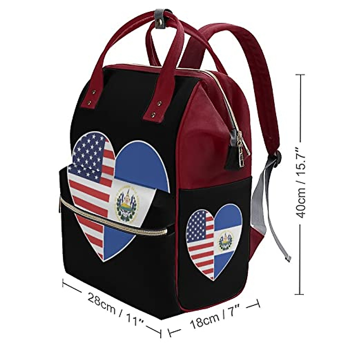 El Salvador and America Flag Heart Diaper Bag Backpack Large Capacity Mommy Bags Multifunction Nappy Bag Travel Back Pack Red-Style