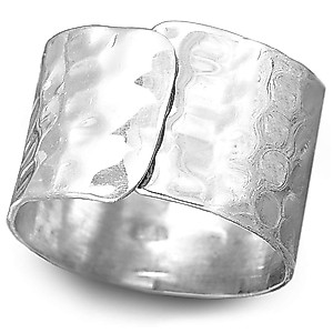 Boho-Magic 925 Sterling Silver Band Ring for Women Plain Thumb Wide Cuff Hammered Adjustable (7)