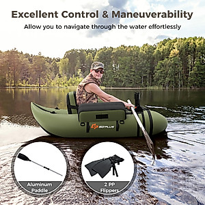 Goplus Inflatable Float Tube, Fishing Belly Boat w/Paddle, Flippers, Fish Ruler, Pump, Storage Bag, Adjustable Straps, 350LBS Load Capacity (Green, W/Rod Holder)