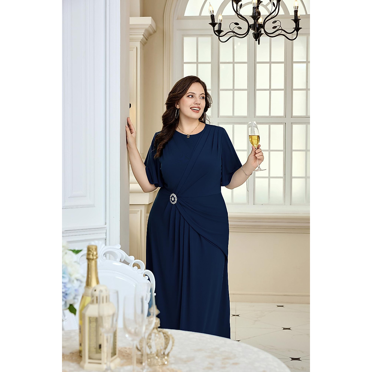 Hanna Nikole Wedding Guest Dress with Sleeves Fall Maxi Dress Summer Navy Blue Dress 18W