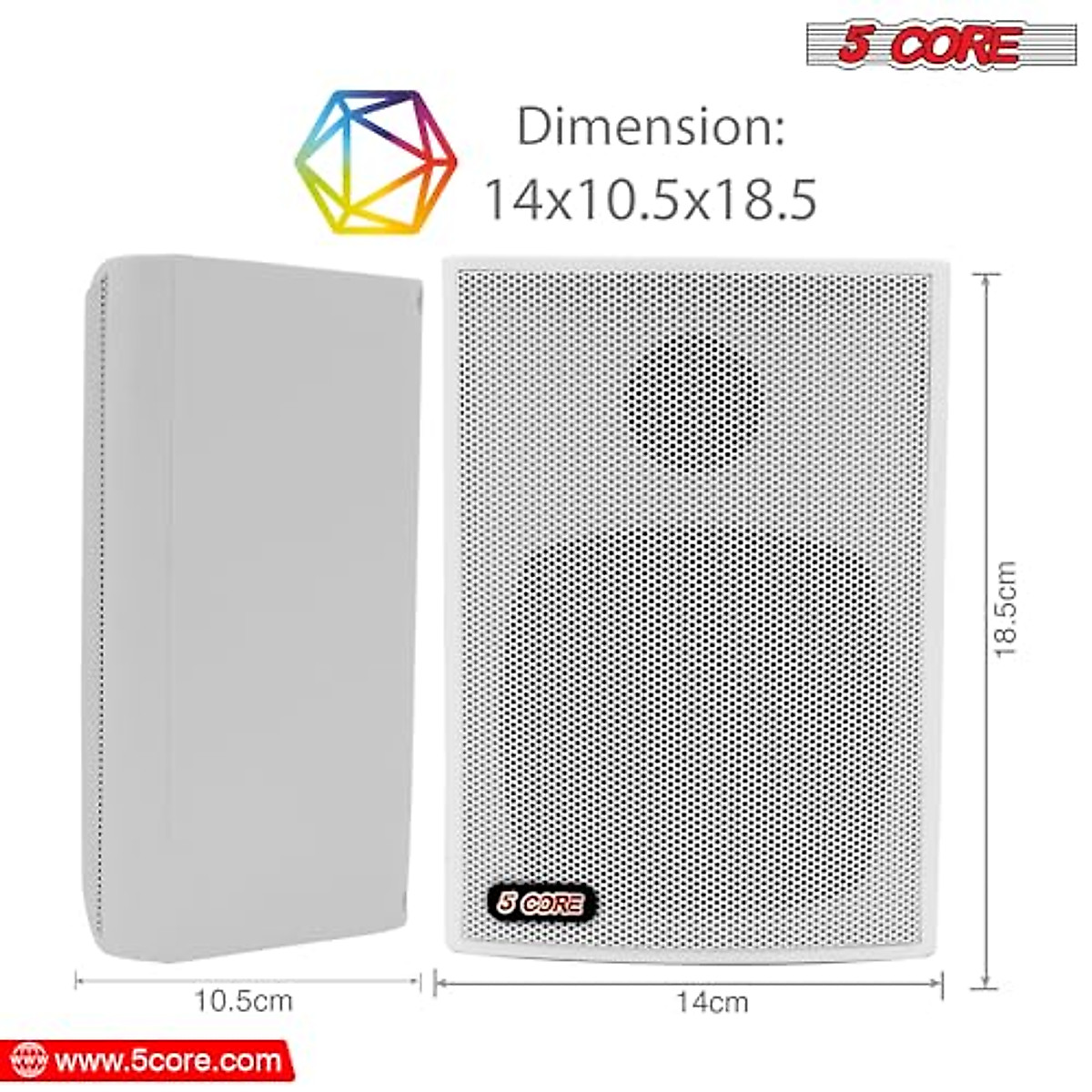 5 CORE Outdoor Speakers Stereo in Wall Speaker 100W Peak Passive Outside Surface Mount Wired Waterproof Patio House Garage Indoor Exterior Audio System Out Door Bocinas Para Casa - 13T WH 1PK