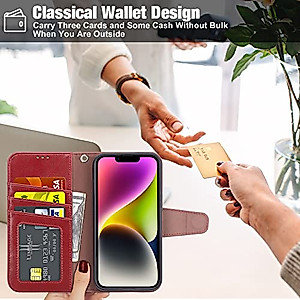 Arae Compatible with iPhone 14 Case Wallet Flip Cover with Card Holder and Wrist Strap for iPhone 14 6.1 inch-Wine Red