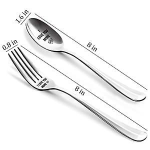 XIKAINUO 2 Pieces I Love You More Engraved Stainless Spoon and Fork, Funny Long Handle Dinner Fork Coffee Spoop with Gift Box, Birthday Valentine Couple Anniversary Spoon Gifts