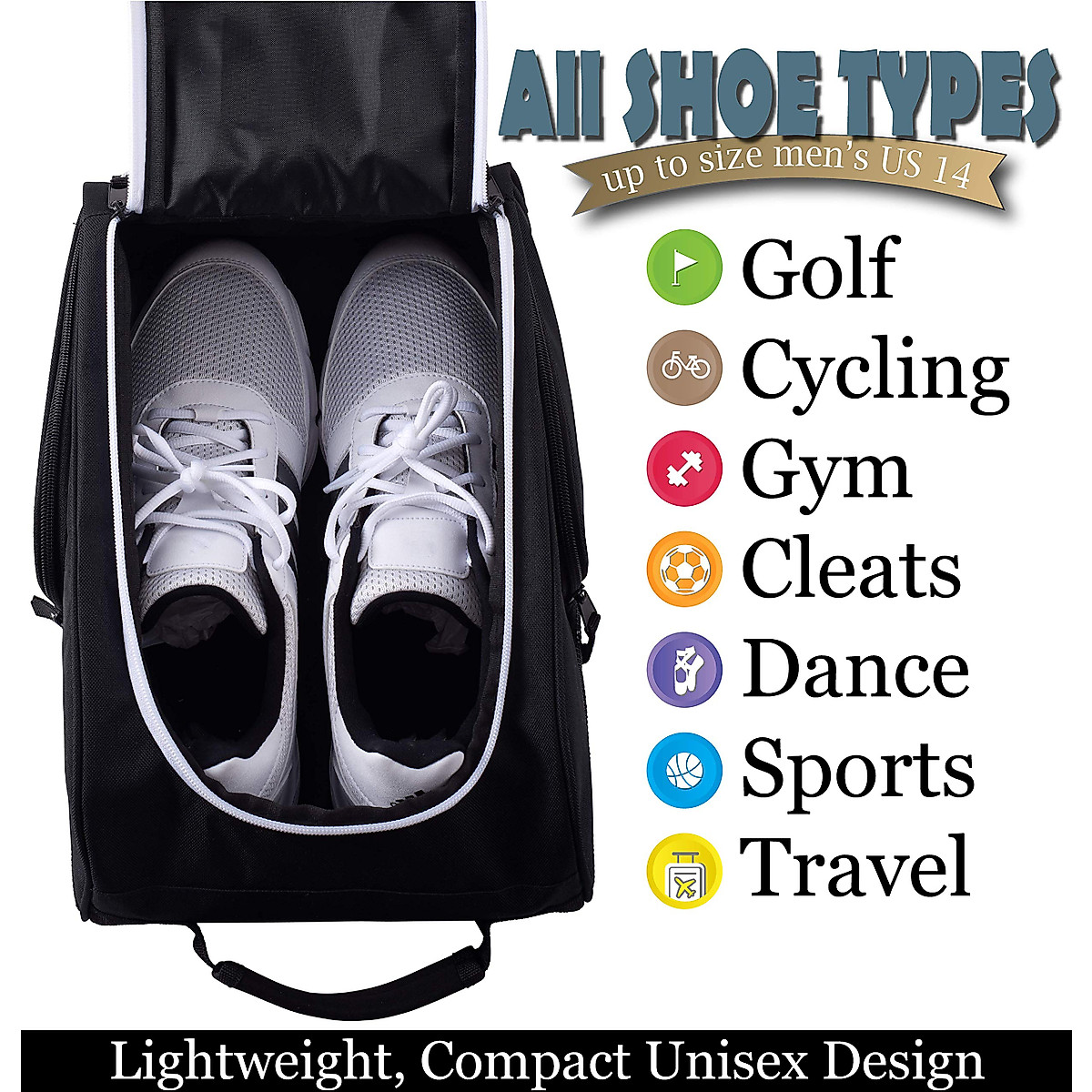Athletico Golf Shoe Bag - Zippered Shoe Carrier Bags With Ventilation & Outside Pocket for Socks, Tees, etc. Perfect Storage (Black)