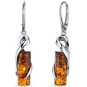 Peora Genuine Baltic Amber Dangle Earrings for Women 925 Sterling Silver, Cylindrical Drop Design, Rich Cognac Color, Lever backs