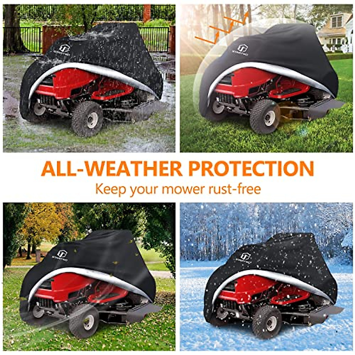 STARTWO Lawn Mower Cover, Heavy Duty Waterproof Riding Lawn Mower Cover, Fits Decks up to 54" Tractor Cover with Drawstring and Storage Bag, All Weather Protection, Rip Resistant Fade Resistant, Black