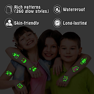 Partywind 260 Mixed Styles Glow Temporary Tattoos for Kids, Mermaid/Dinosaur/Pirate Tattoo Stickers for Boys and Girls, Birthday Party Supplies Favors (20 Sheets)