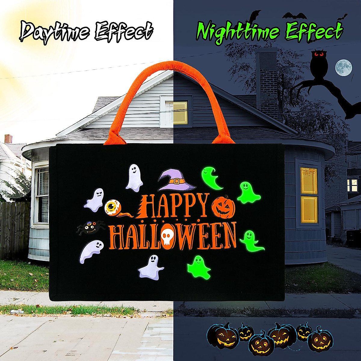 Mhtdet 2PCS Halloween Trick or Treat Bags, Glow in The Dark Halloween Candy Tote Bag with Handle, Halloween Canvas Tote Bag, Reusable Halloween Bags for Trick or Treating, Halloween Party