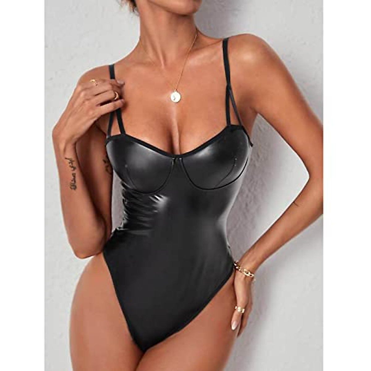 Sexy Latex Lingerie for Women Sexy Wet Look Leather Teddy Lingerie V Neck One Piece High Cut Leotard Bodysuit A Black