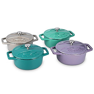 Navaris Cast Iron Round Cocottes (Set of 4) - 4.1" Mini Cocotte Dutch Oven Dishes with Enamel Coat, 9.8 oz - Teal/Violet/Green/Grey