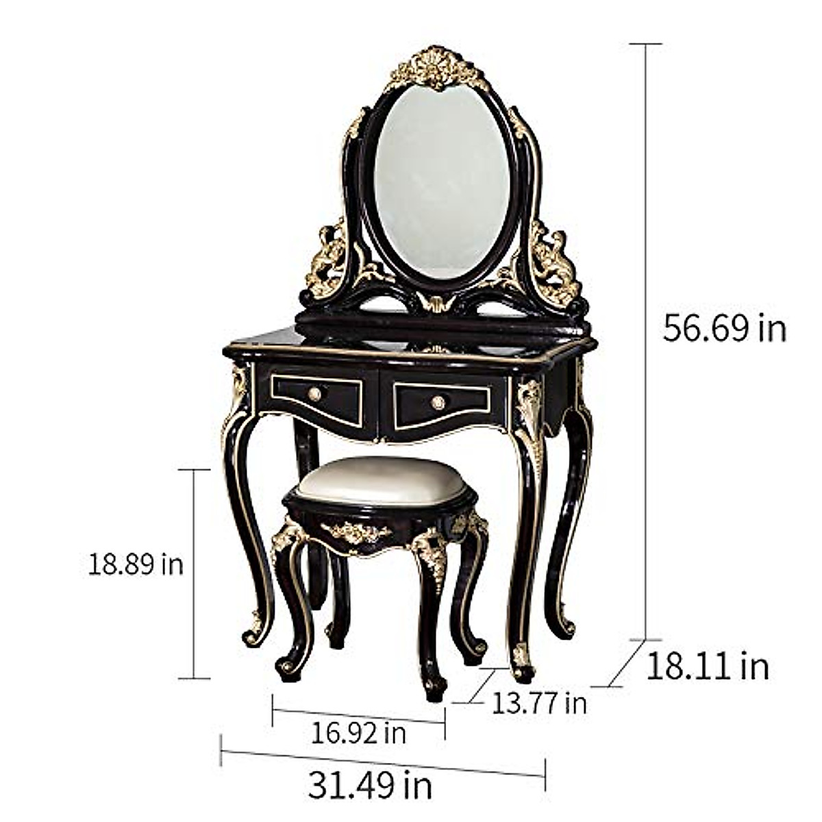 Dressing Table with Stool Mirror with 2 Drawers (Black)