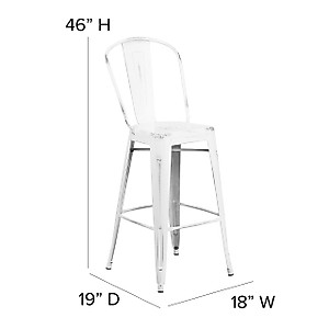 EMMA + OLIVER Commercial Grade 30" H Distressed White Metal Indoor-Outdoor Barstool w/Back