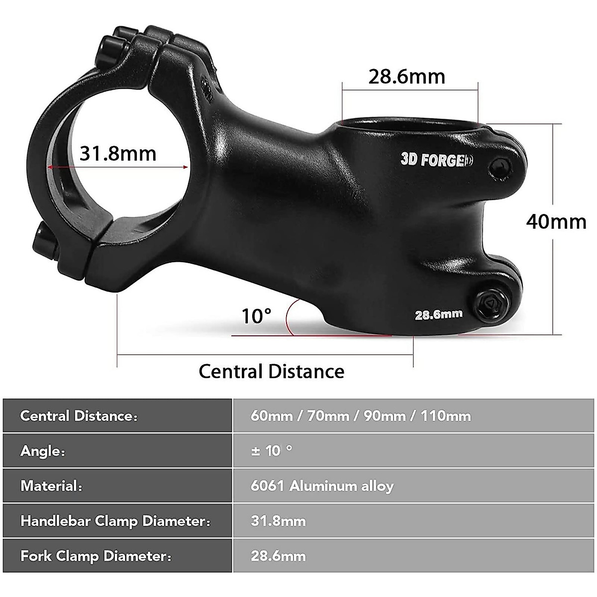 ZECHAO Mountain Road Bike Stem,Bike Stem Ultralight Stem 31.8mm Handlebar Stem 17 Degree 60/70/90/80/100/110mm Bike Stem Bike Stem (Color : 10 Degrees, Size : 60mm)