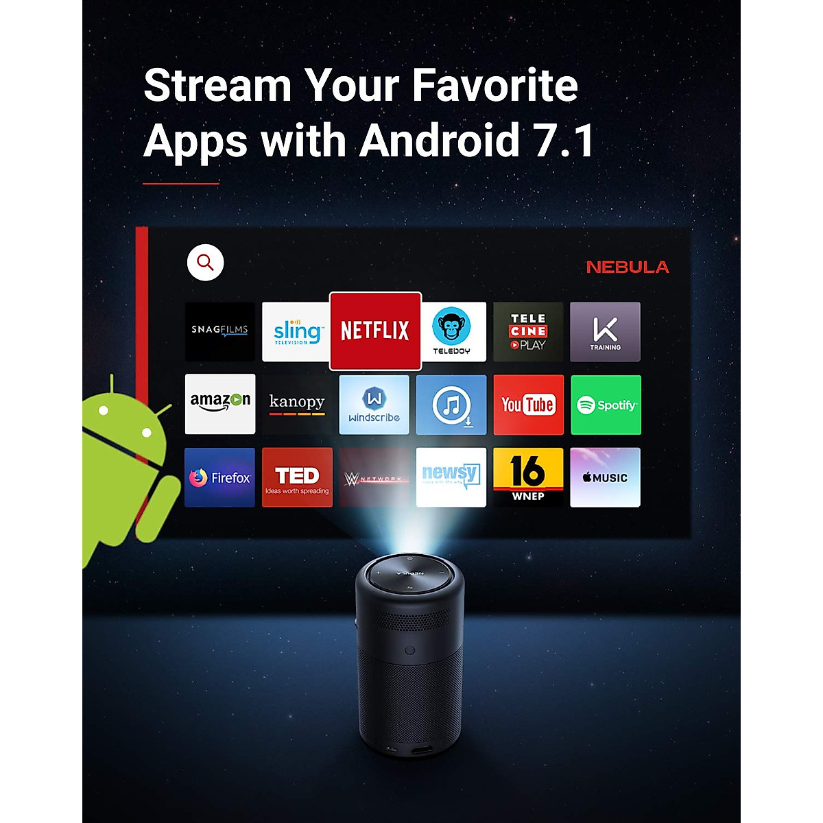  Nebula Capsule, by Anker, Smart Portable Wi-Fi Mini Projector, 100 ANSI lm Pocket Cinema, DLP, 360° Speaker, 100" Picture, 4-Hour Video Playtime, and App-Watch Anywhere (Renewed) 