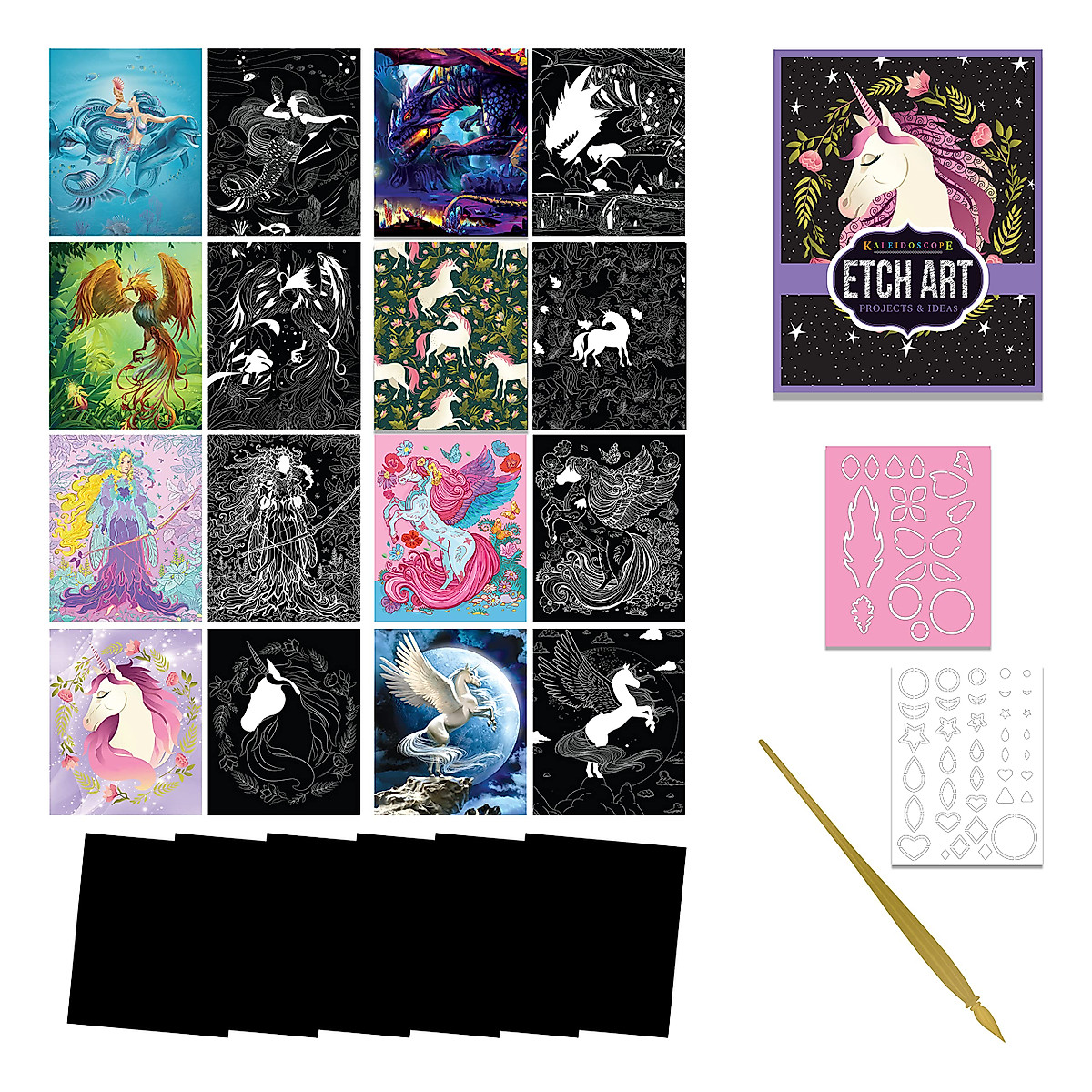 Hinkler Kaleidoscope - Ultimate Etch Art Kit - Mythical Creatures - Fantasy Etch Art Panels with Unicorns and Dragons - Mess-Free Arts and Craft Kits for Adults, Medium