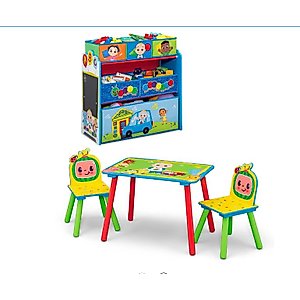 PZCXBFH CoComelon 4-Piece Toddler Playroom Set by – Includes Play Table with Dry Erase Tabletop and 6 Bin Toy Organizer with Reusable Vinyl Cling Stickers, Blue/Multi