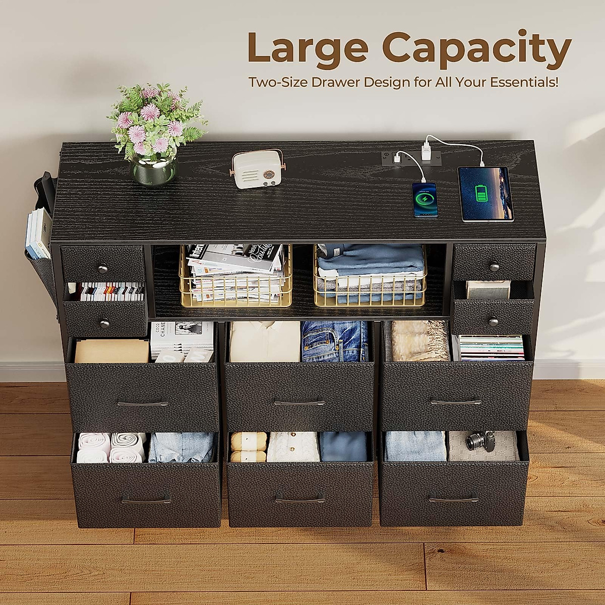 Rolanstar Dresser with Power Outlets and LED Lights, 10 Drawers Dresser with Side Pocket, Fabric Chest of Drawers with PU Finish, TV Stand with Wood Top for up to 55inch TV, Black,XL