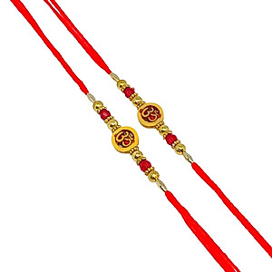ZYRENA Rakhi for Brother Bhaiya Bhabhi, Gift Rakhi for Family, Raksha Bandhan Festival Rakhi for Bhaiya and Bhabhi, Round Om Pendant with Red-Golden Beads and Rings Rakhi Thread, Pack of 2
