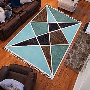 Casavani Hand Made Cotton Dhurrie Geometric Blue & Brown Tassel Rug Easy Care Washable Rugs for Doormat Entryway Living Room Bedroom Hallway Balcony 5x7 Feet