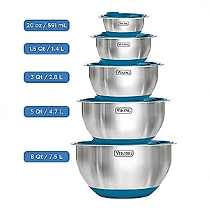VIKING Culinary Stainless Steel Mixing Bowl Set, 10 piece, Non-slip Silicone Base, Includes Airtight Lids, Dishwasher Safe, Teal